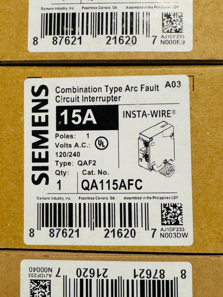 Siemens QA115AFC 1 Pole 15 AMP Arc Fault Combination Breaker AFCI - NE ...
